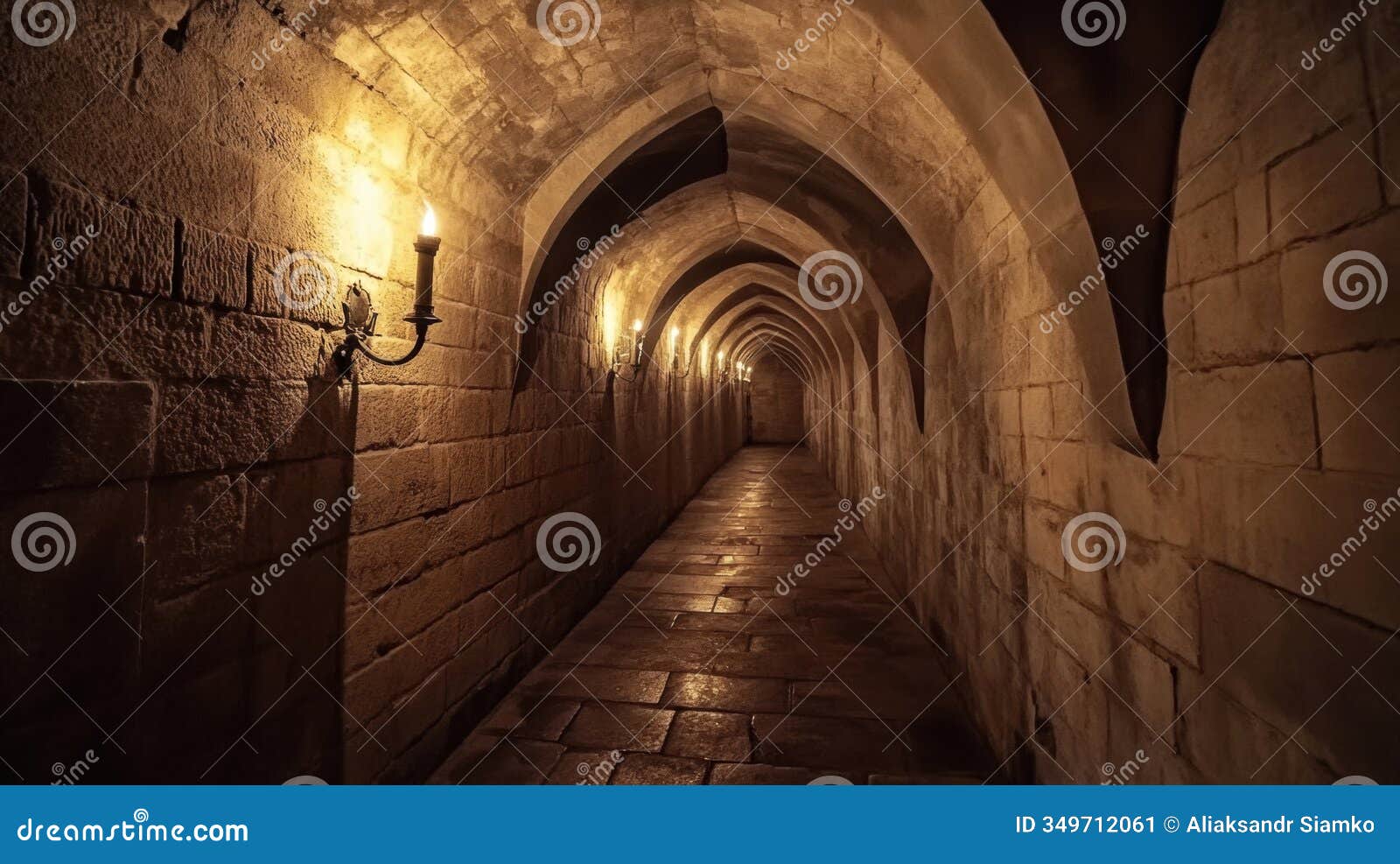 Scary Medieval Dungeon Corridor with Gothic Arches and Torches Stock ...