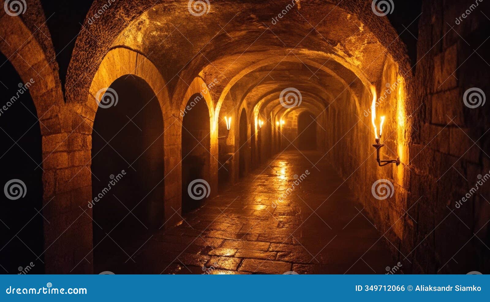 Scary Medieval Dungeon Corridor with Gothic Arches and Torches Stock ...