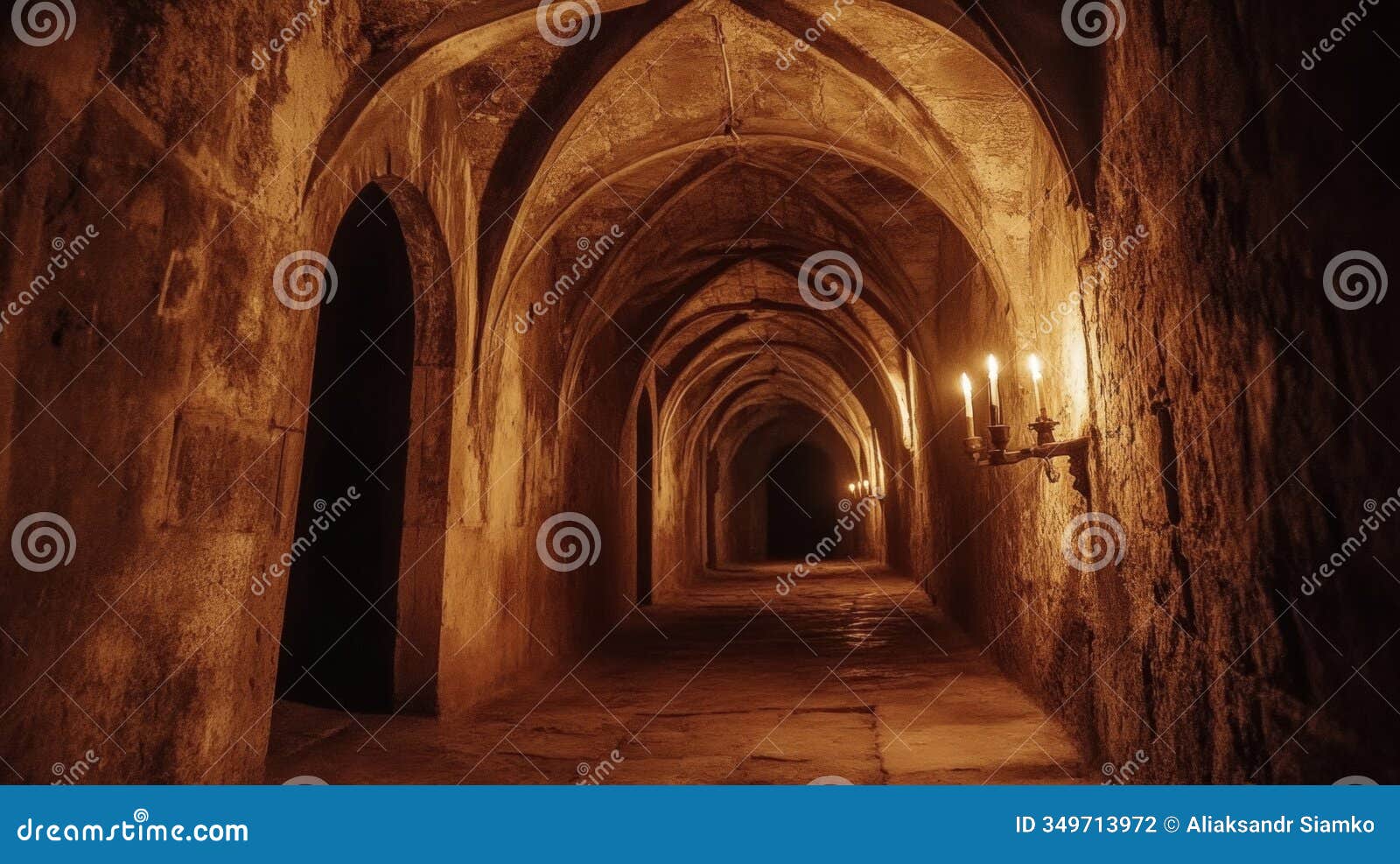 Scary Medieval Dungeon Corridor with Gothic Arches and Torches Stock ...