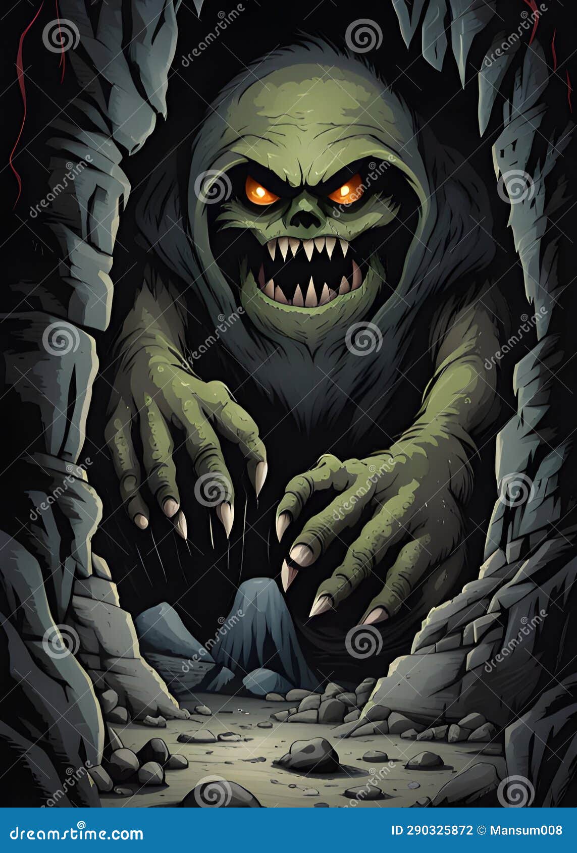 Scary monster in the cave stock illustration. Illustration of night ...