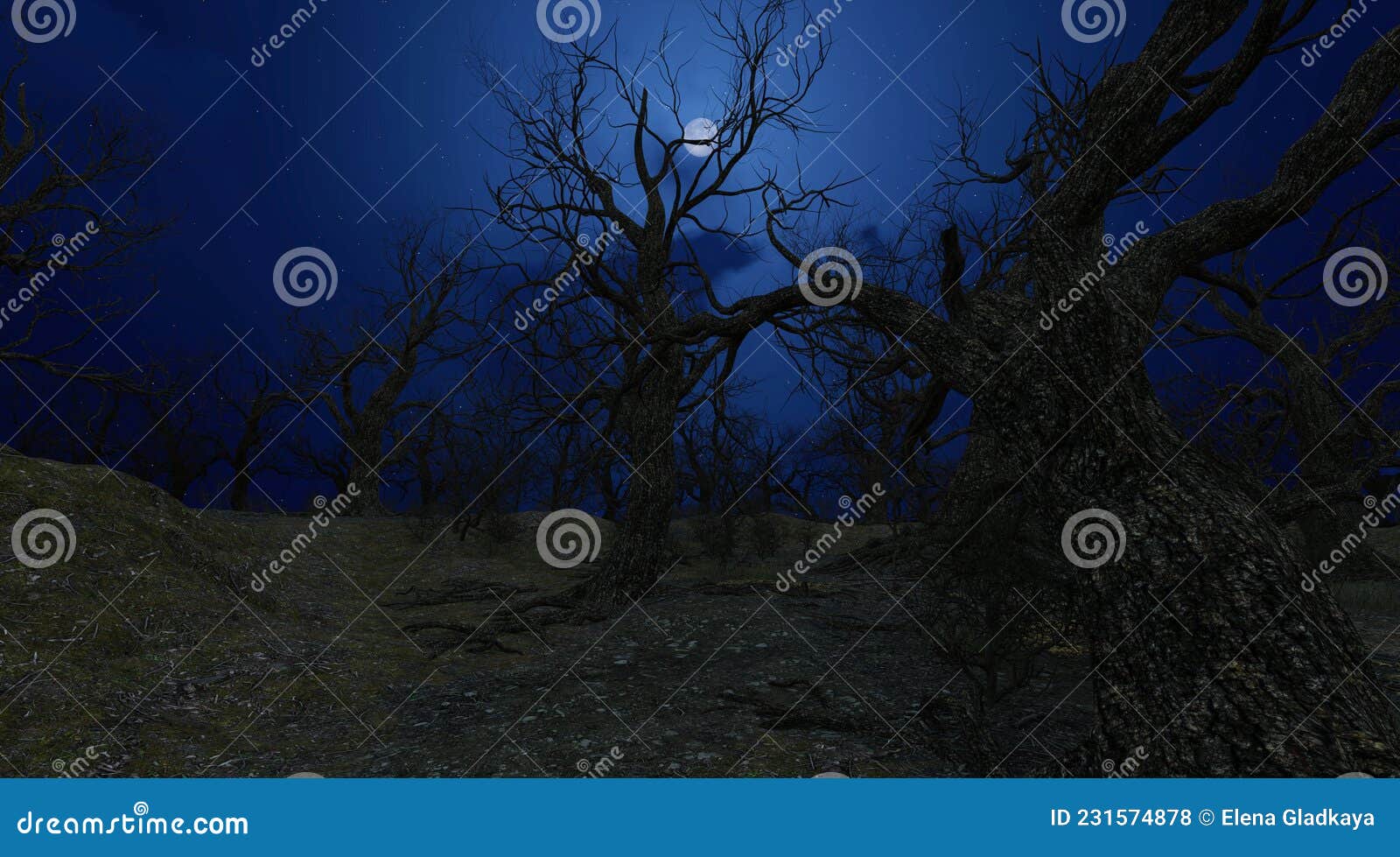 Scary Night Forest with a Full Moon 3d Illustration Stock Illustration ...