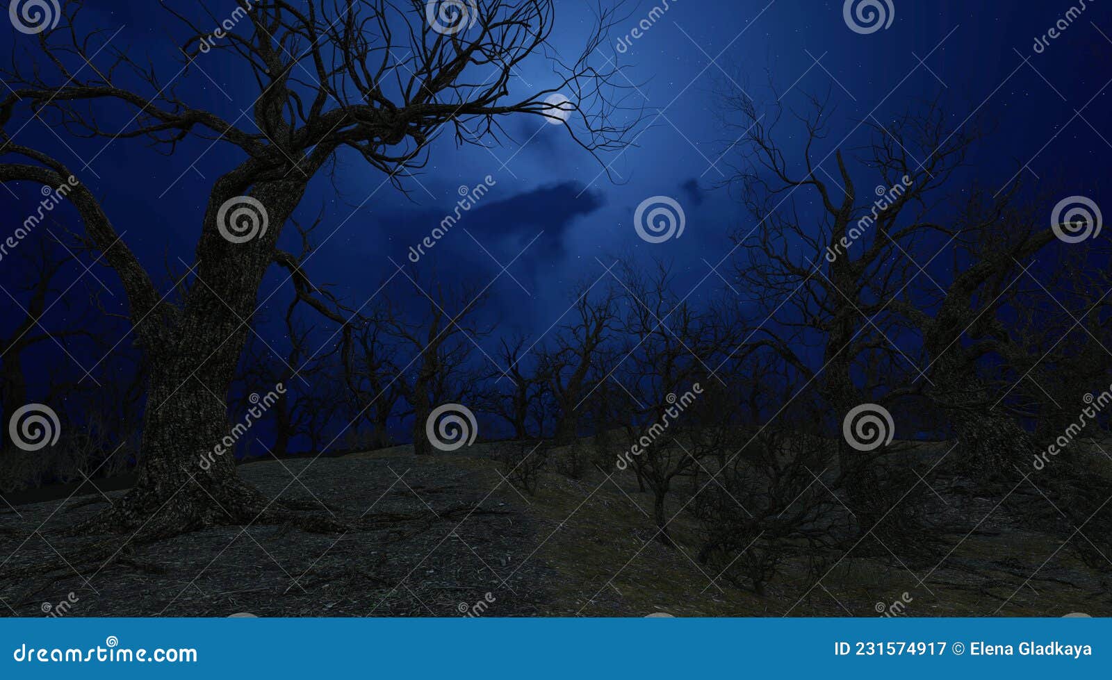Scary Night Forest with a Full Moon 3d Illustration Stock Illustration ...