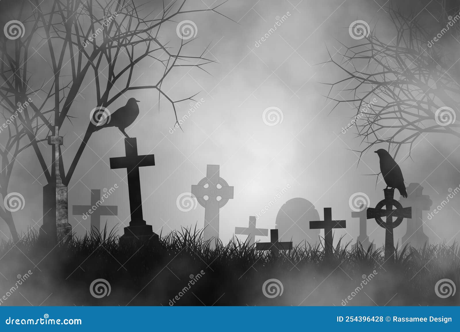 Haunted Cemetery With Cross And Full Moon Cartoon Vector ...