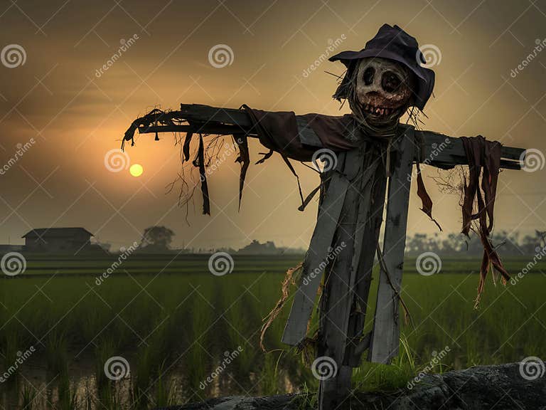Scary Scarecrow in the Middle of Rice Fields Stock Illustration ...