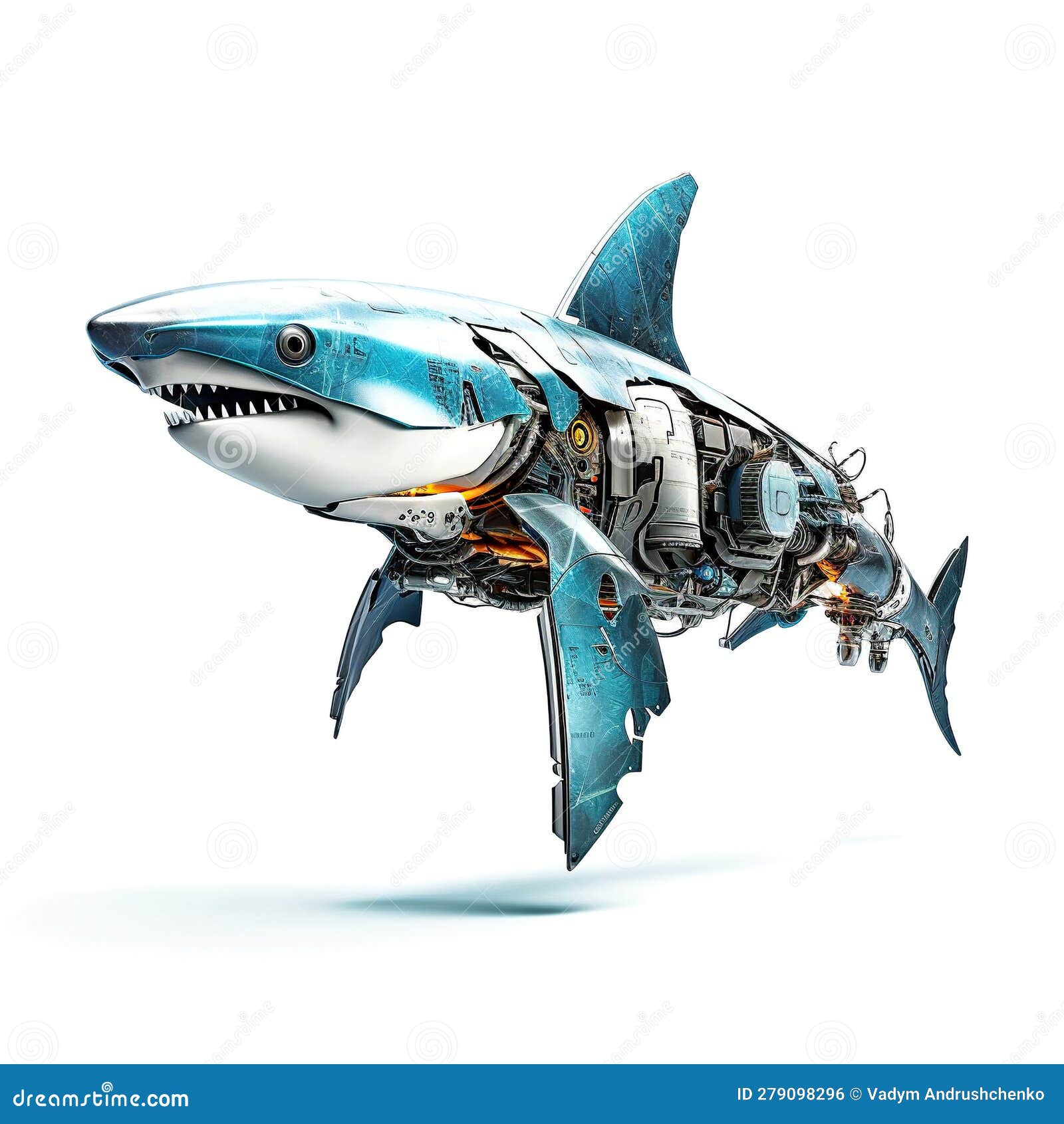 Scary Shark Robot, Robotic Fish Isolated Over White Background. Created ...