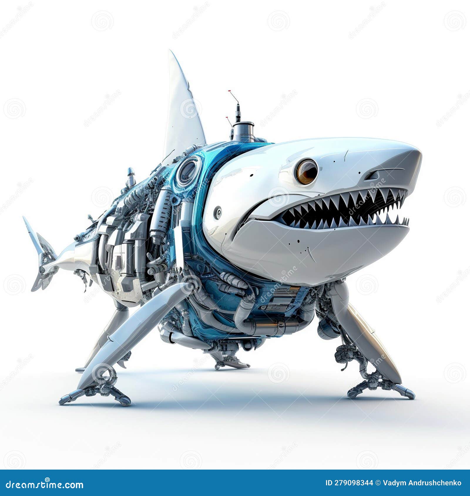 Scary Shark Robot, Robotic Fish Isolated Over White Background. Created ...