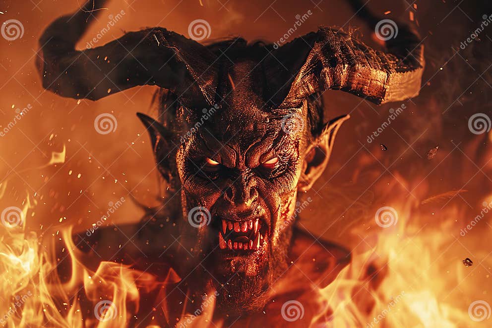 Scary Sinister Devil is in Hell with Bright Fire Lighting on the ...