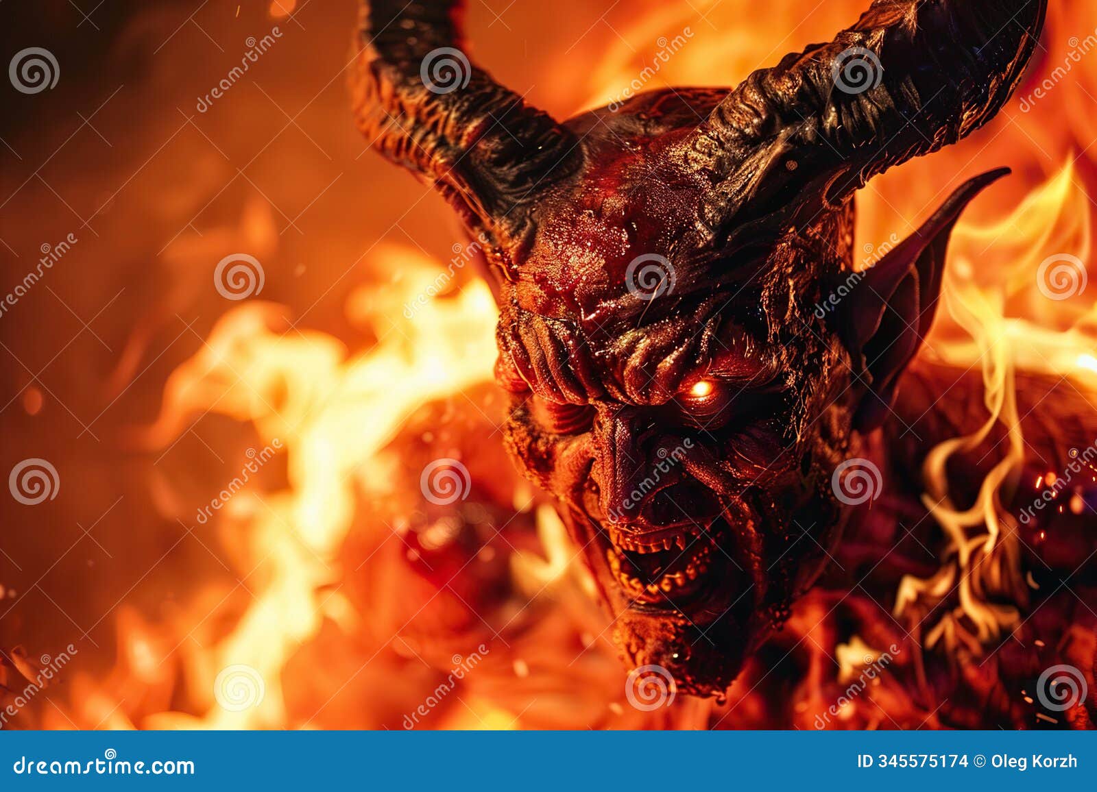 Scary Sinister Devil is in Hell with Bright Fire Lighting on the ...