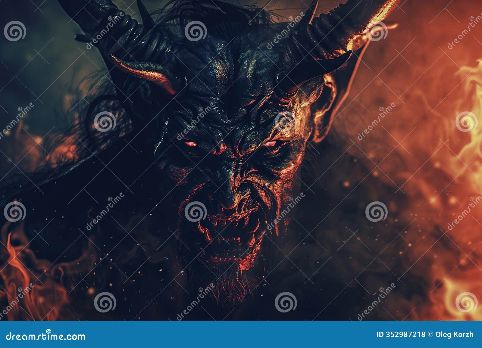 Scary Sinister Devil is in Hell with Dramatic Bright Fire Lighting ...
