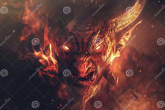 Scary Sinister Devil is in Hell with Dramatic Fire Lighting Stock Photo ...