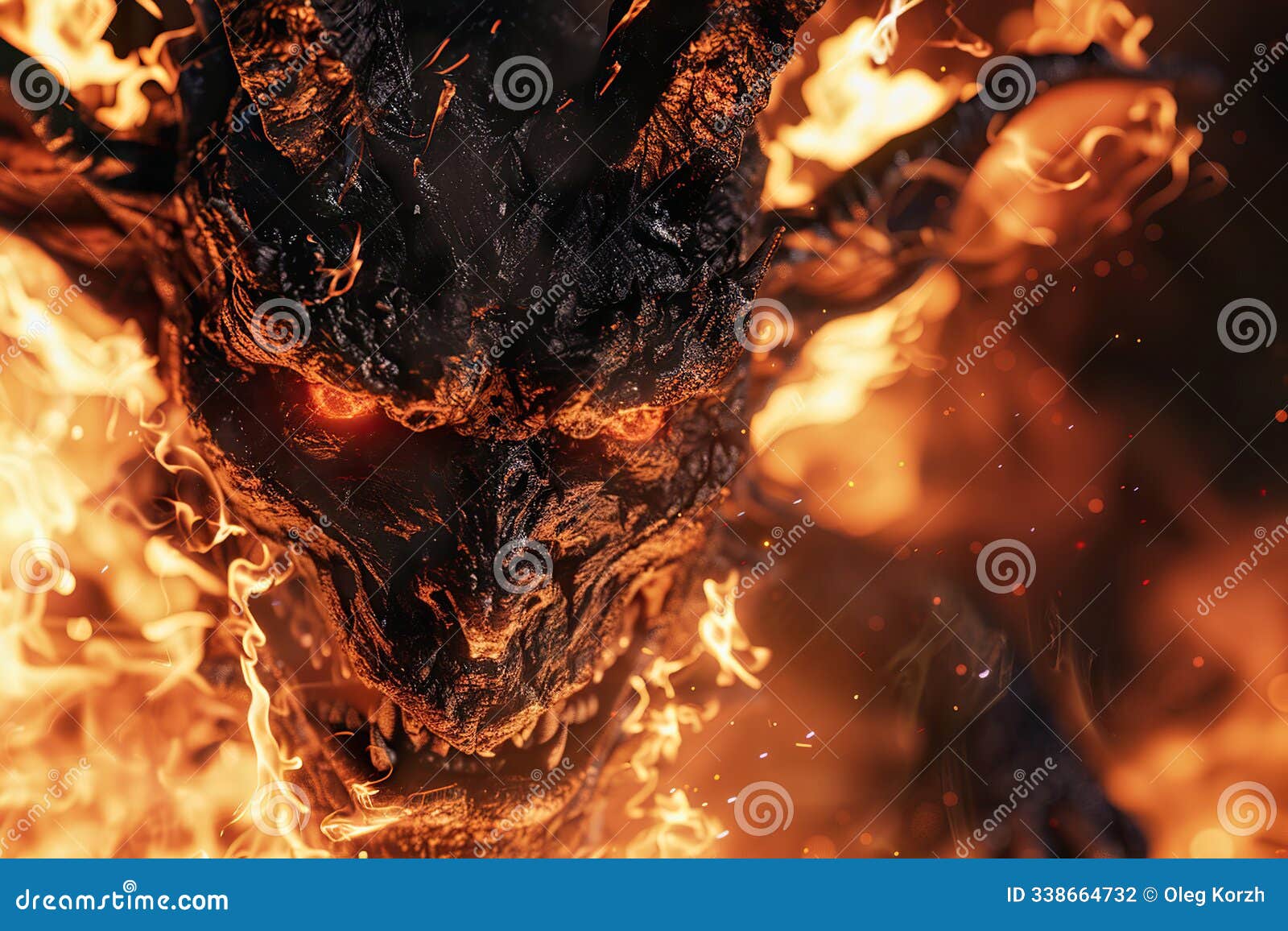 Scary Sinister Devil is in Hell with Bright Fire Lighting on the ...