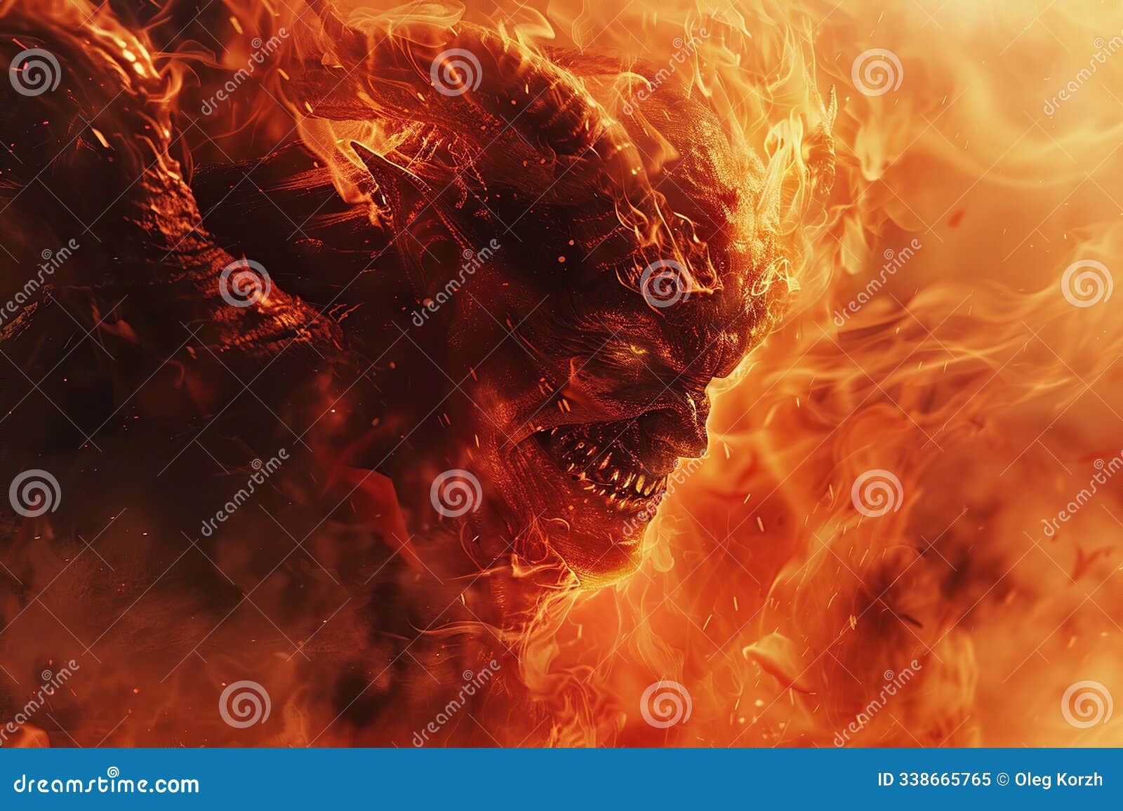 Scary Sinister Devil is in Hell with Bright Fire Lighting on the ...