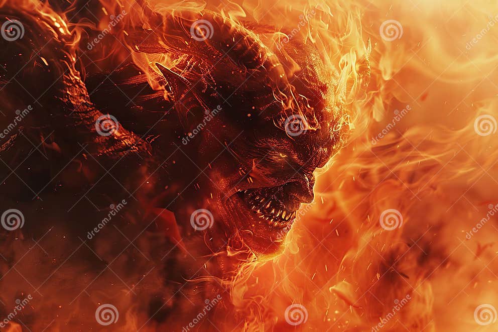 Scary Sinister Devil is in Hell with Bright Fire Lighting on the ...