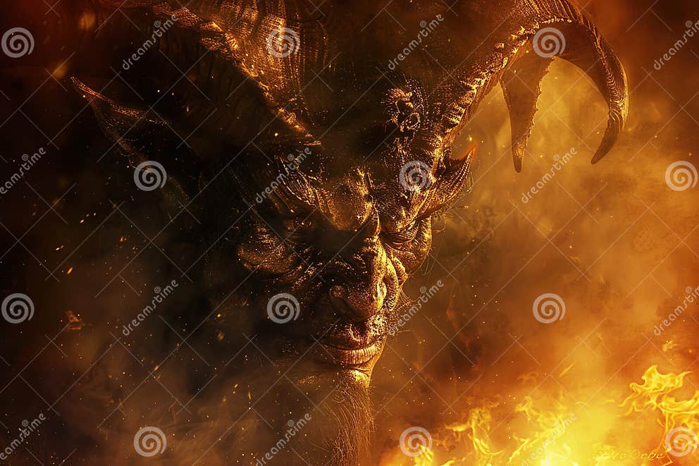 Scary Sinister Devil is in Hell with Bright Fire Lighting on the ...