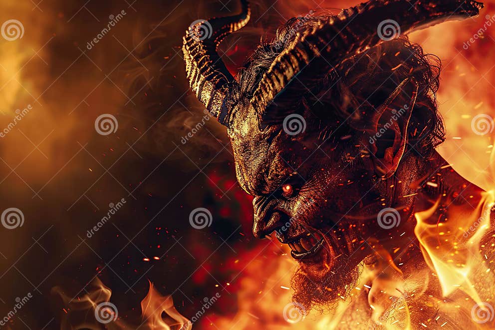 Scary Sinister Devil is in Hell with Dramatic Fire Lighting on the ...