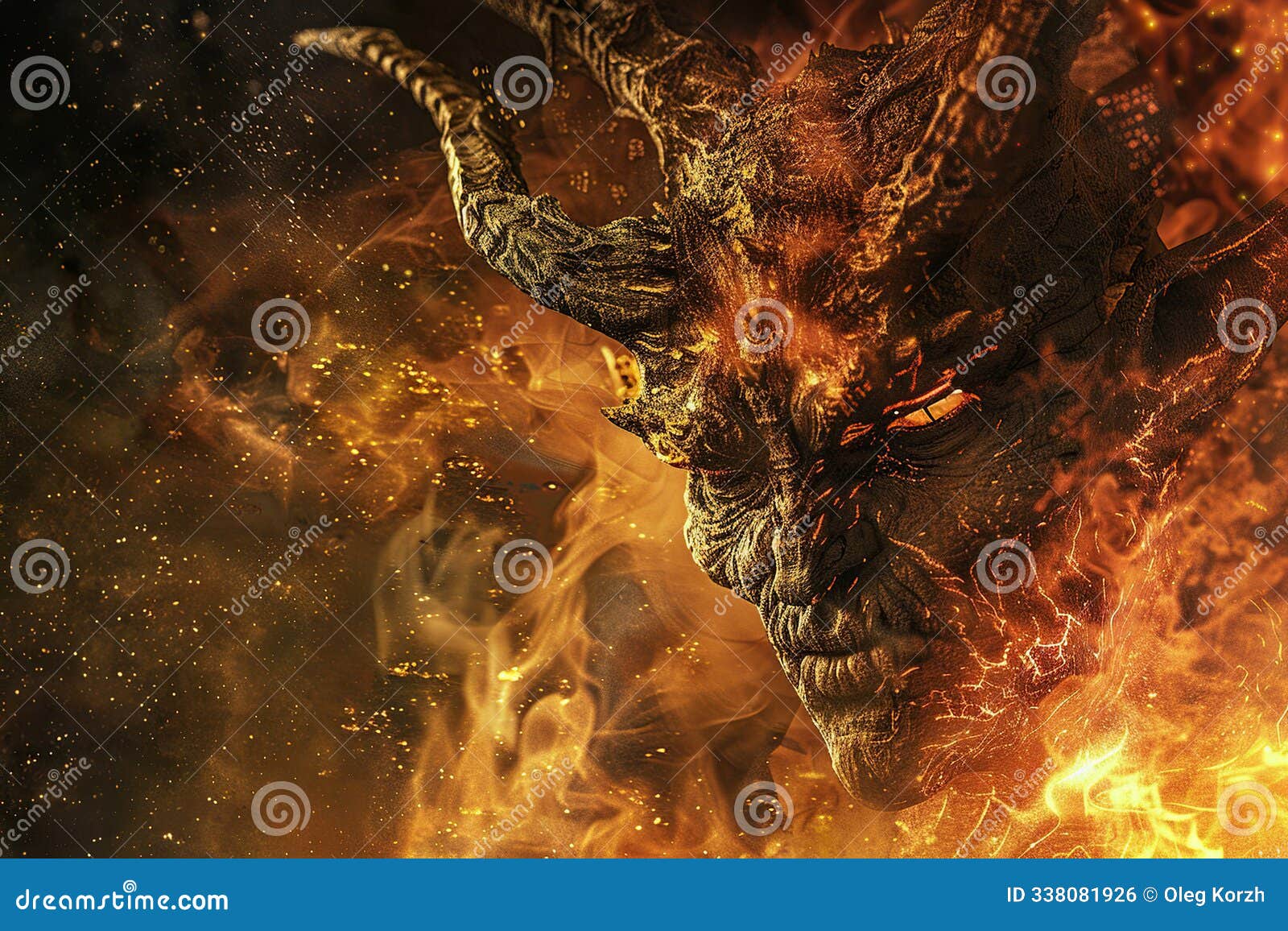 Scary Sinister Devil is in Hell with Bright Fire Lighting on the ...