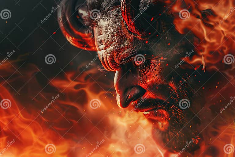 Scary Sinister Devil is in Hell with Dramatic Fire Lighting on the ...