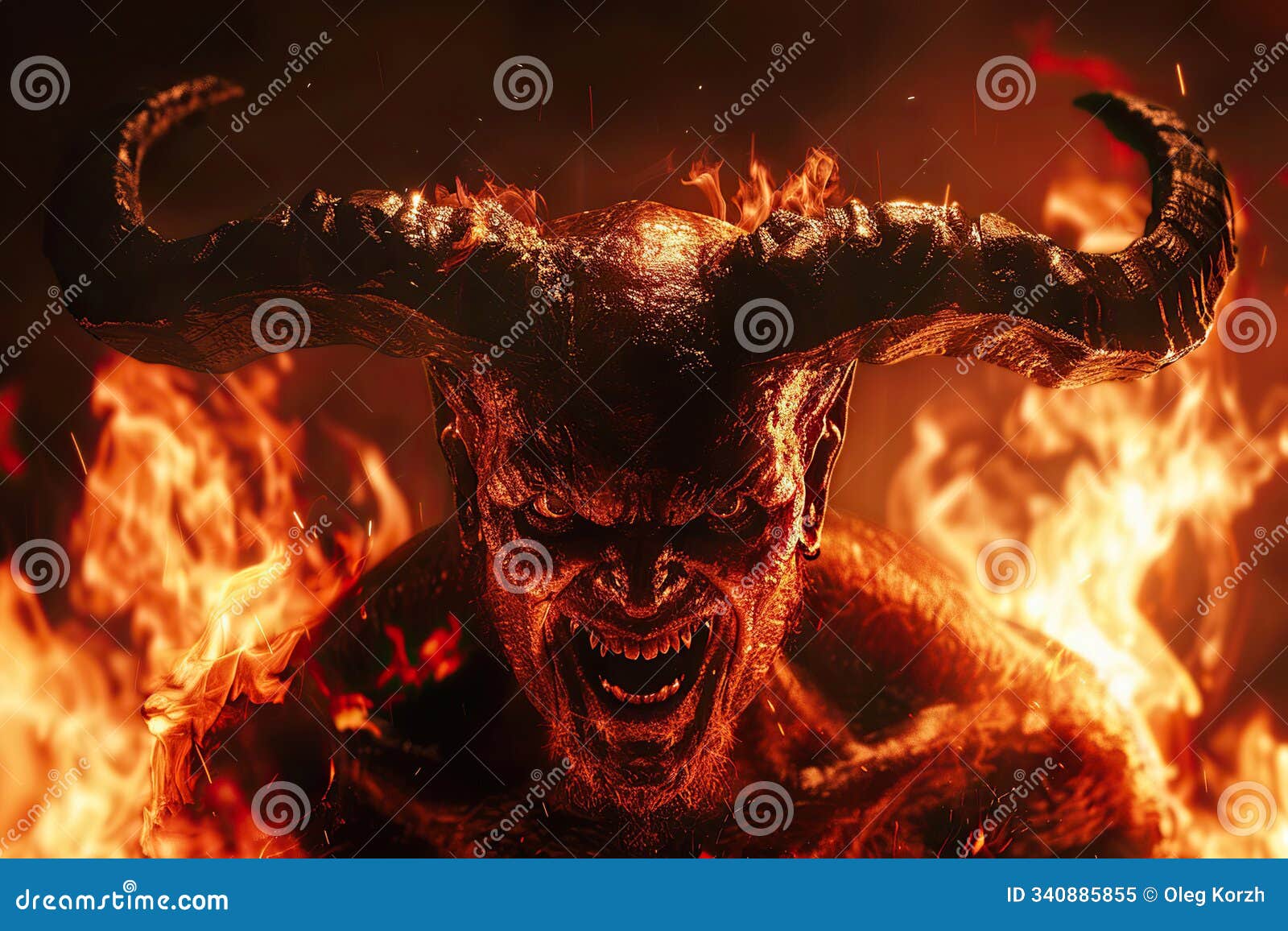 Scary Sinister Devil is in Hell with Bright Fire Lighting on the ...