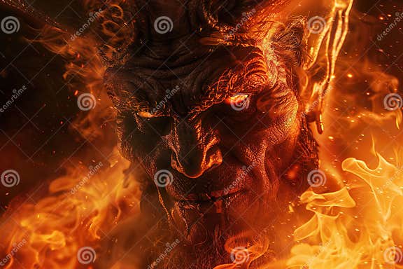 Scary Sinister Devil is in Hell with Dramatic Fire Lighting on the ...