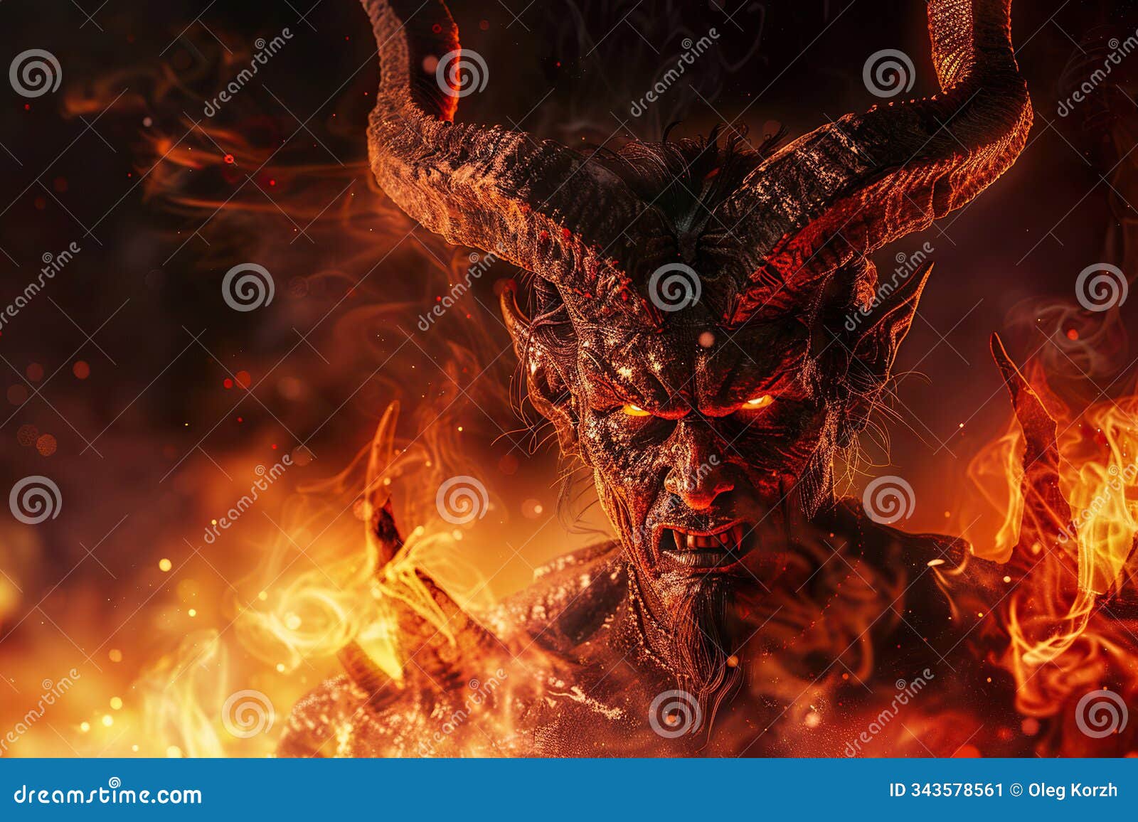 Scary Sinister Devil is in Hell with Bright Fire Lighting on the ...