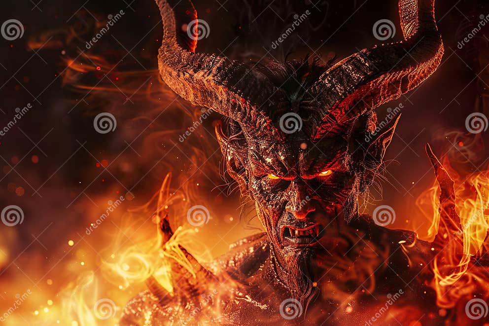 Scary Sinister Devil is in Hell with Bright Fire Lighting on the ...
