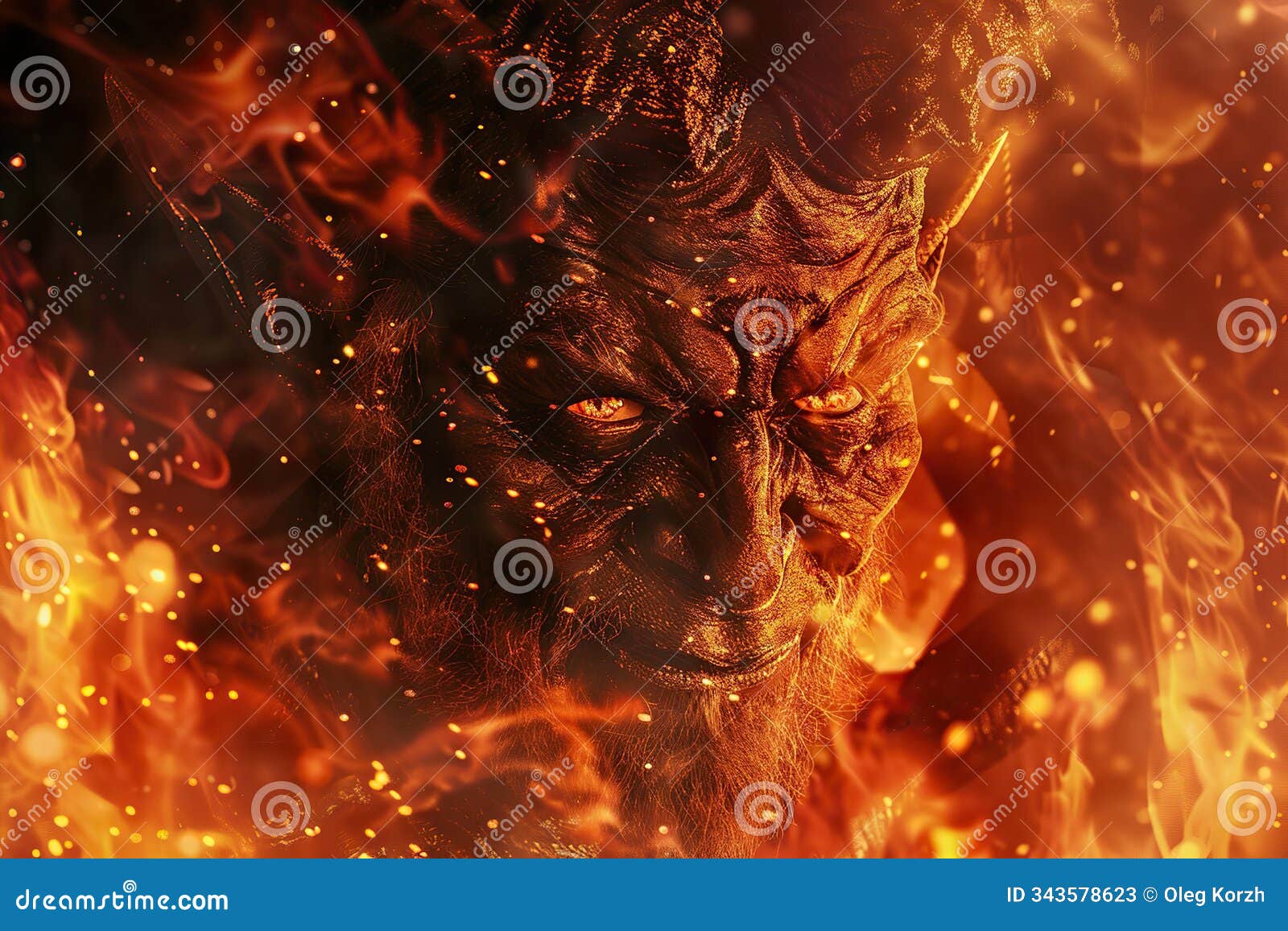 Scary Sinister Devil is in Hell with Dramatic Fire Lighting on the ...