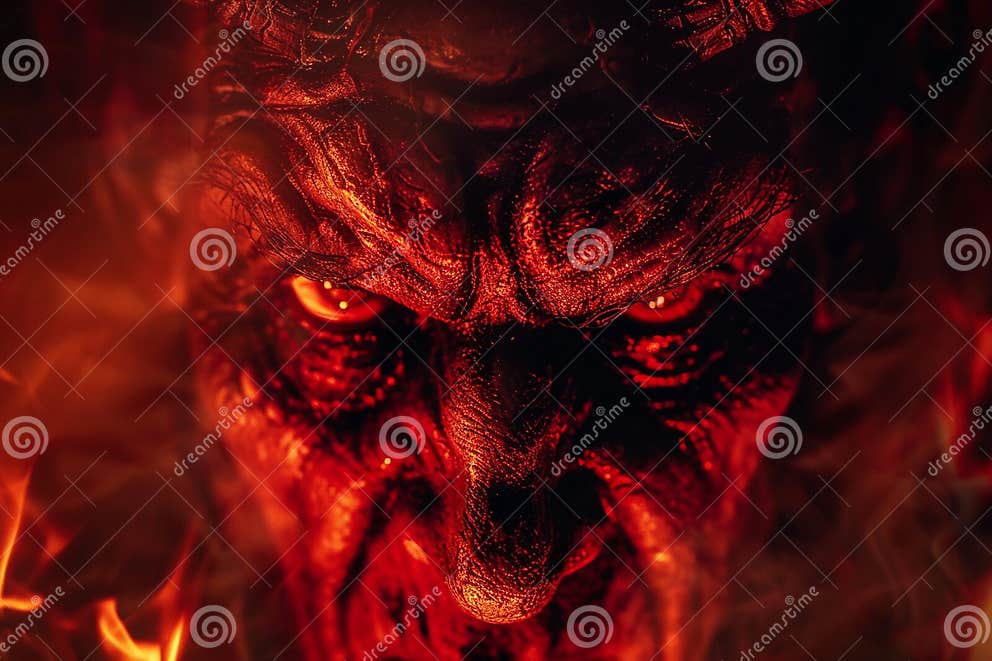 Scary Sinister Devil is in Hell with Dramatic Fire Lighting Stock Photo ...