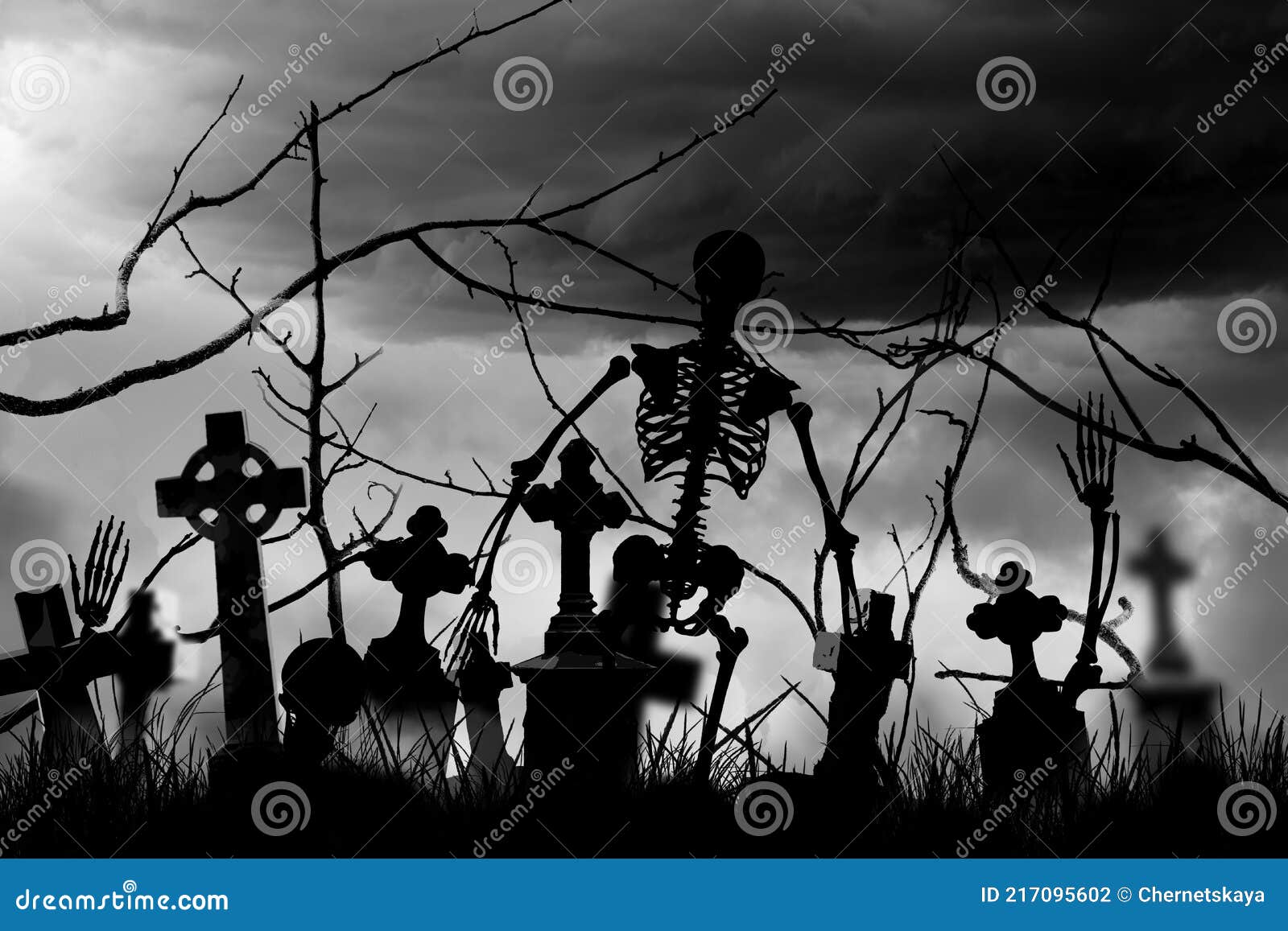Scary Skeleton at Misty Cemetery in Night Stock Photo - Image of hand ...