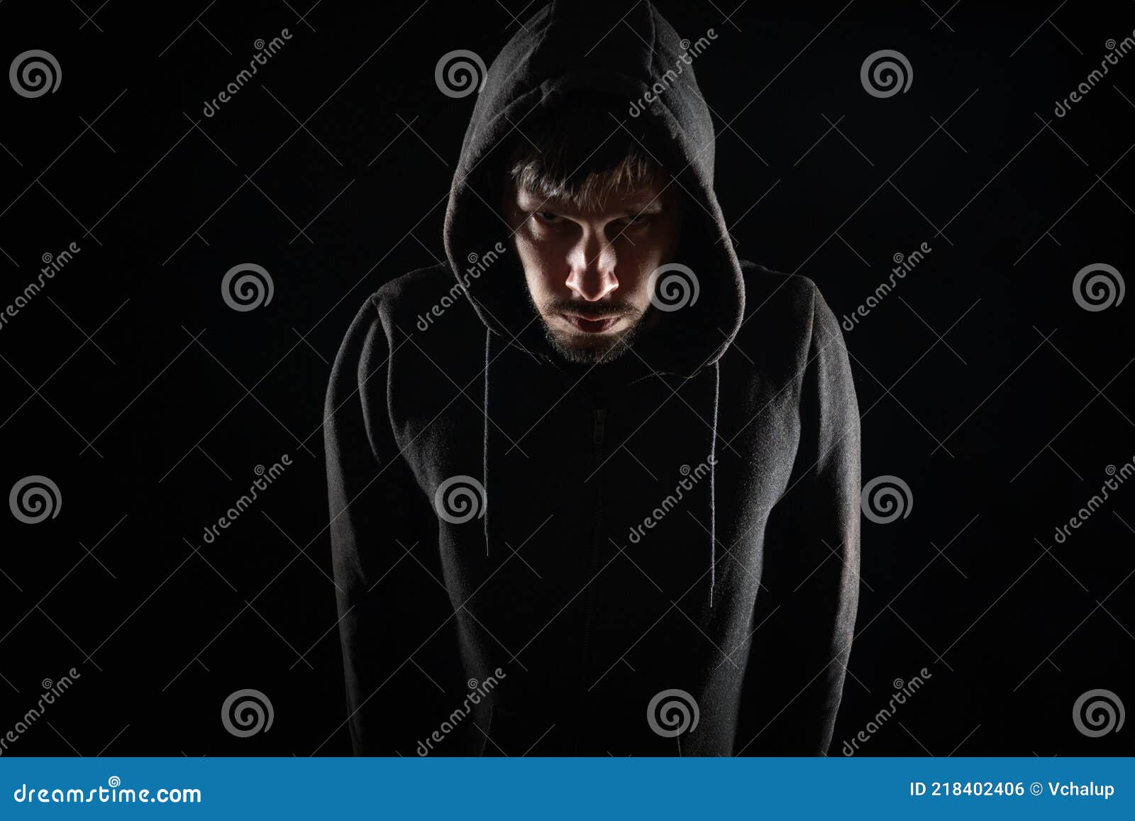 Scary Stalker or Hacker at Night on Black Background. Stock Photo ...