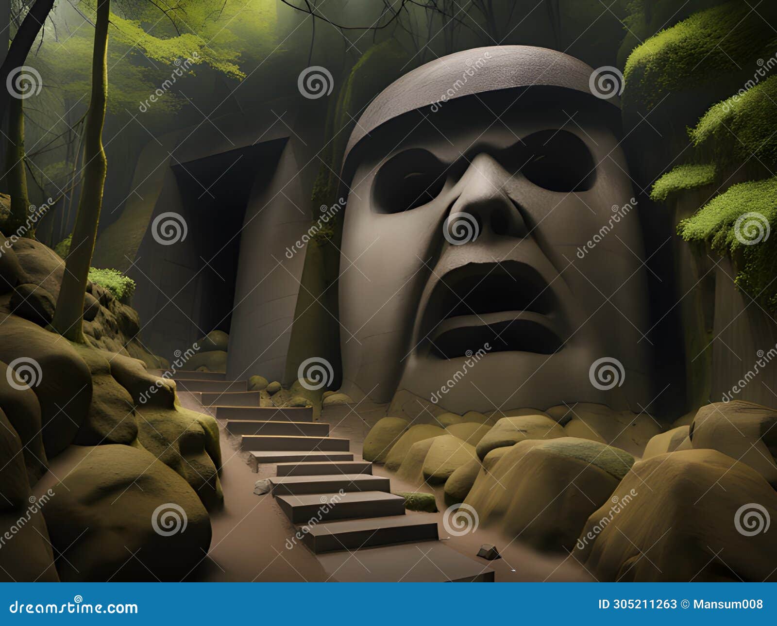 Scary Statue with Dark Forest Stock Illustration - Illustration of ...