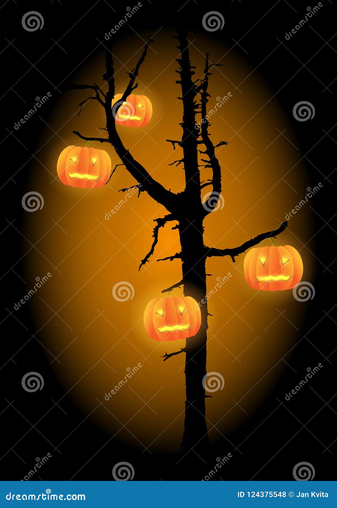 Scary Tree Vector with Hanging Haloween Carved Pumpkins. Stock Vector ...