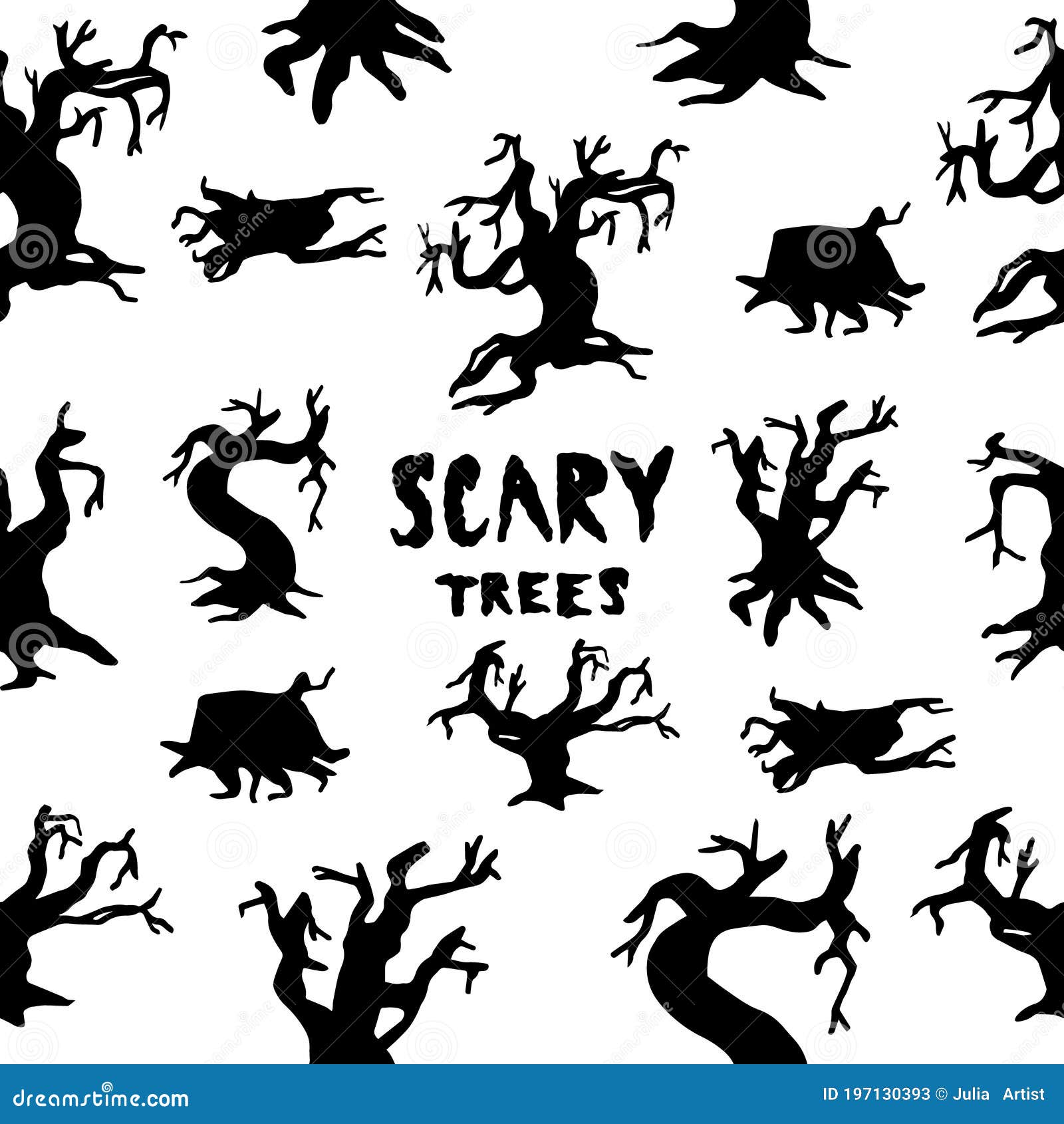 Scary trees doodle set. stock vector. Illustration of doodle - 197130393