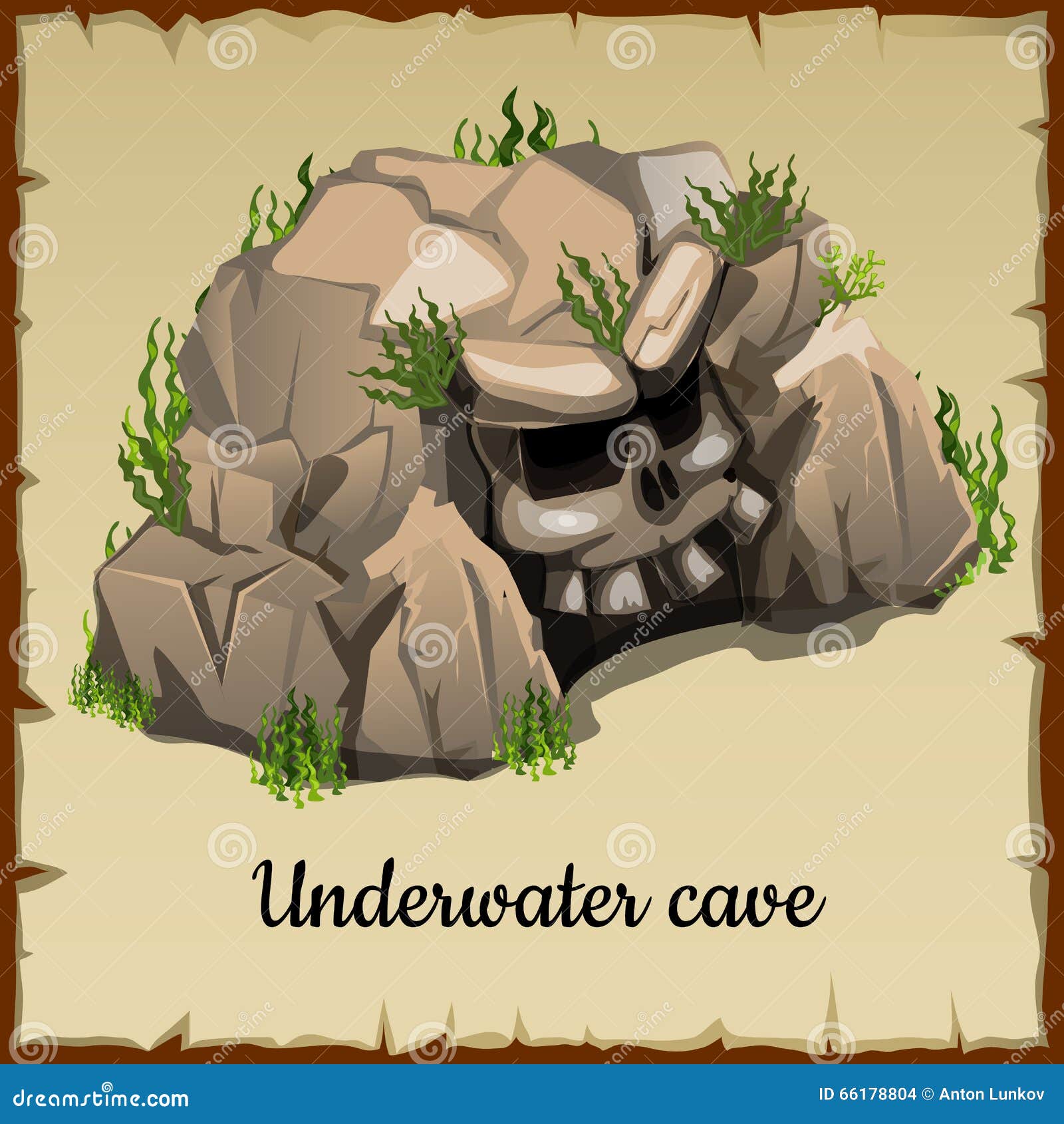 Scary Underwater Cave With The Skull And Grass Vector Illustration ...