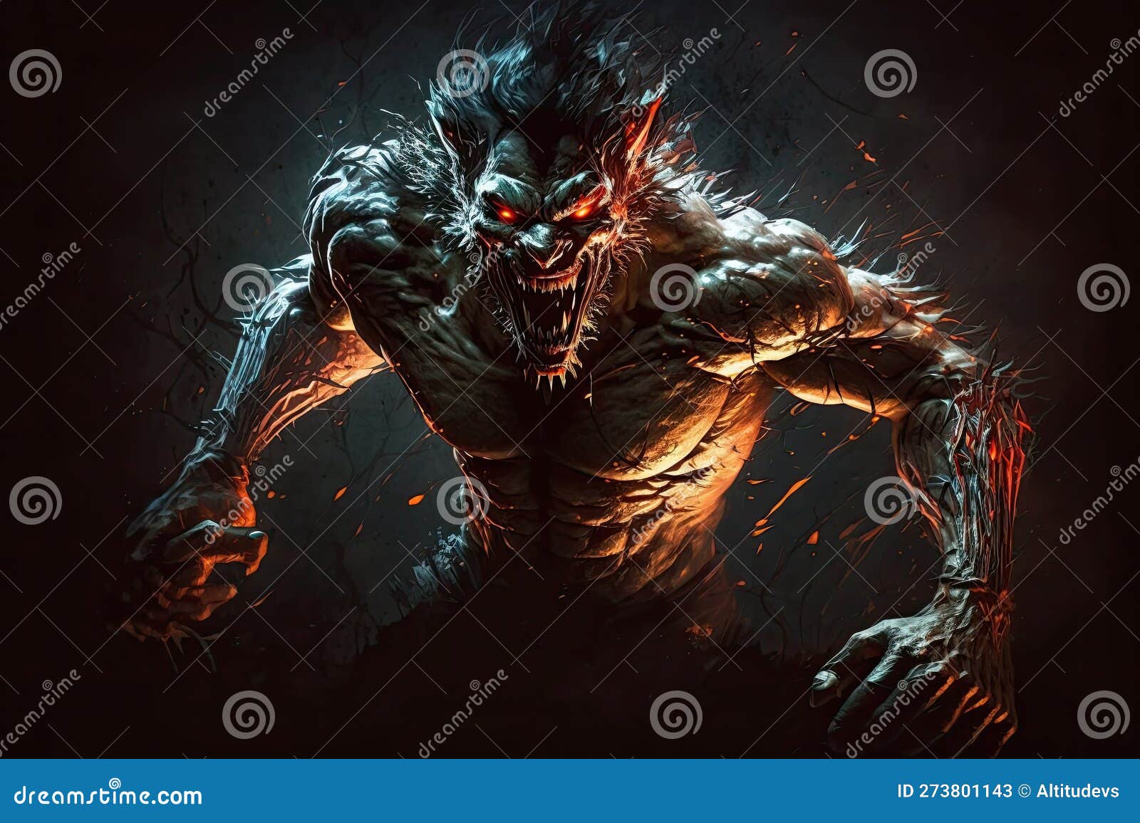 Scary Werewolf Leaps from the Shadows, Teeth Bared and Claws Ready To ...