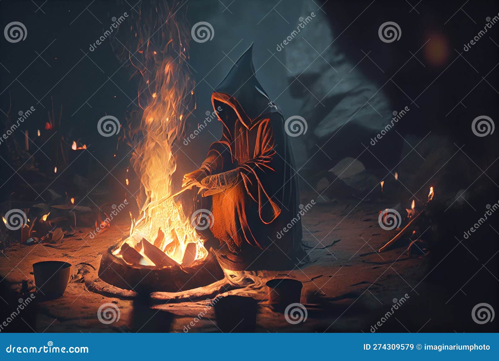 Scary Witch in the Night Forest Makes a Potion Stock Illustration ...