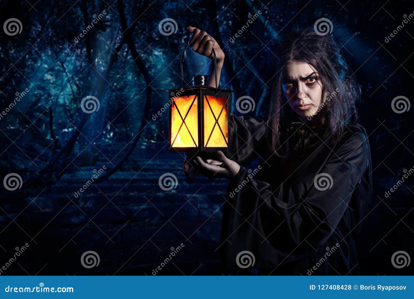 Witch in Night Forest Version Stock Photo - Image of blue, hunched ...