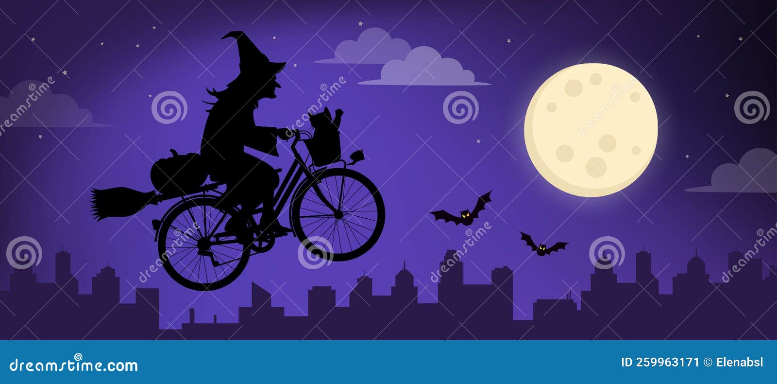 Scary Witch Riding a Bicycle and Flying Stock Vector - Illustration of ...