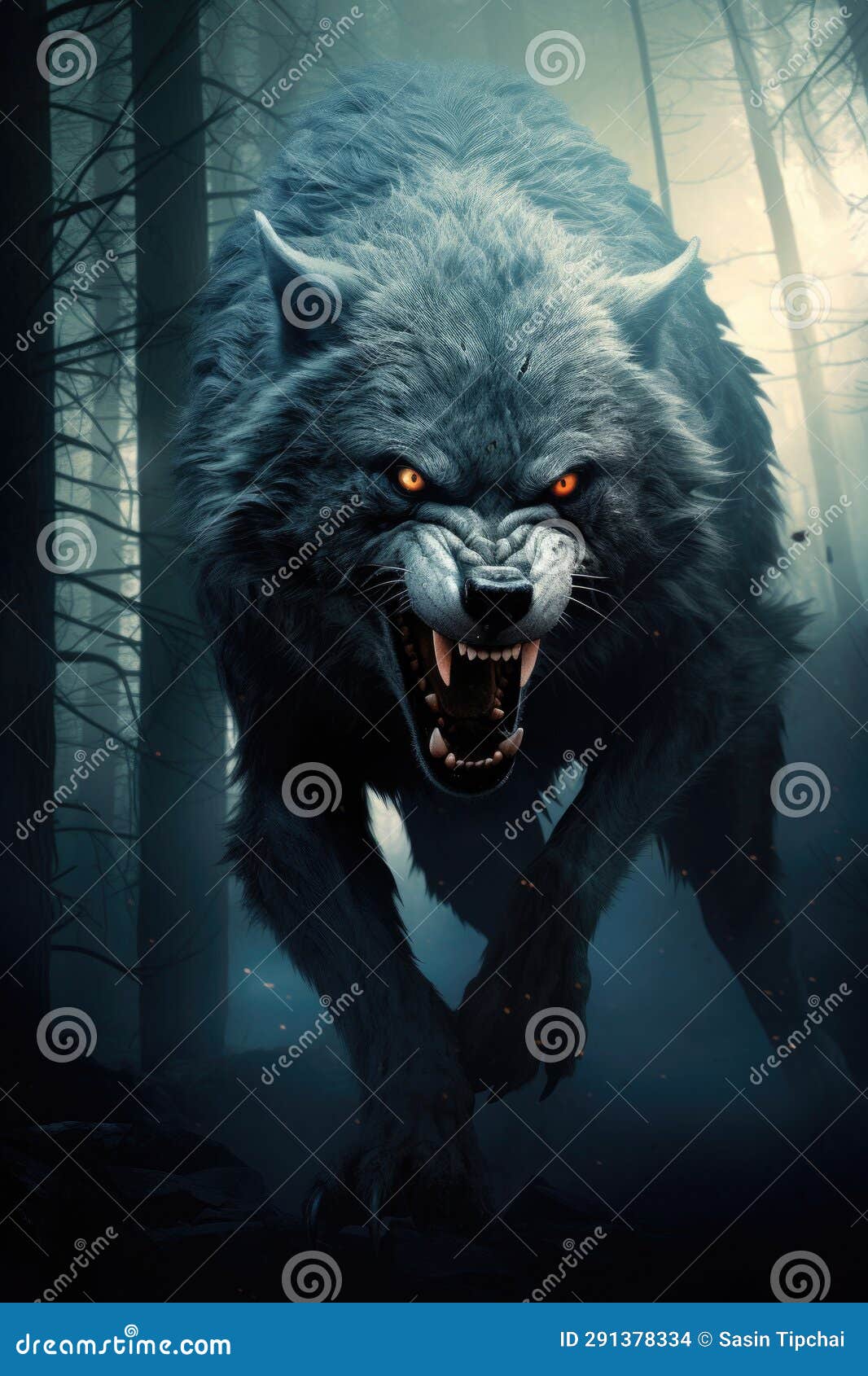 Scary Wolf with Grey Fur, Fierce Expression on Its Face, Crouching ...