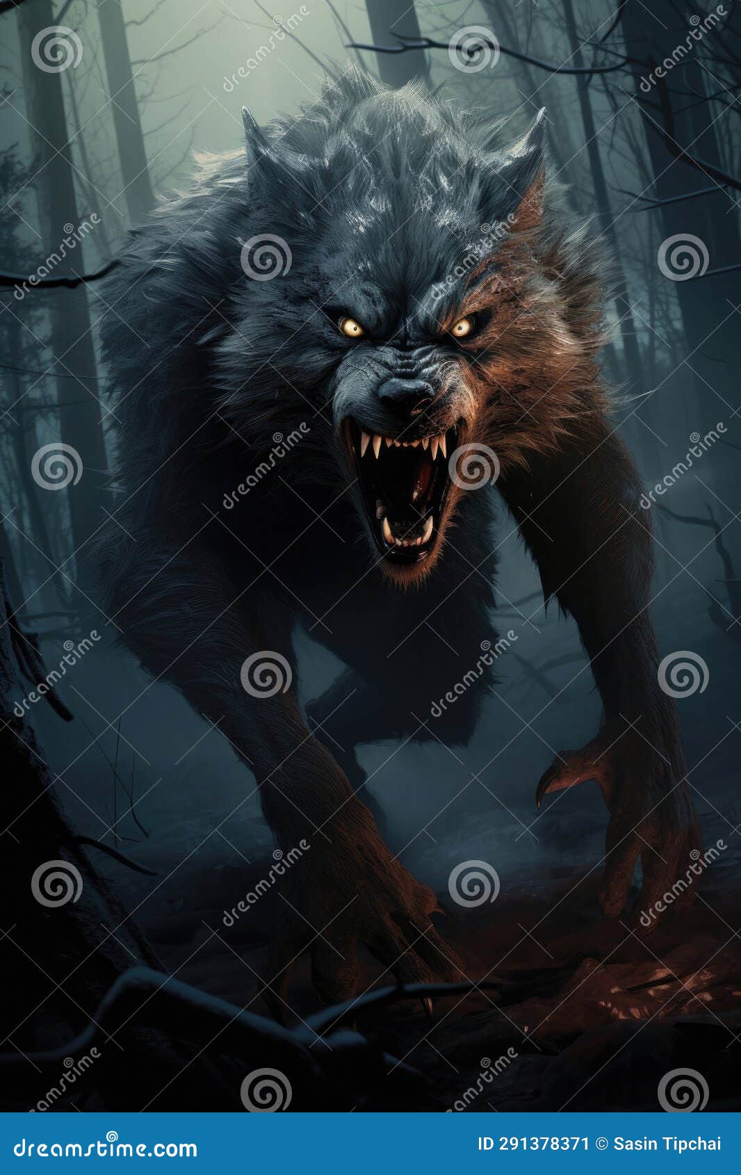 Scary Wolf with Grey Fur, Fierce Expression on Its Face, Crouching ...
