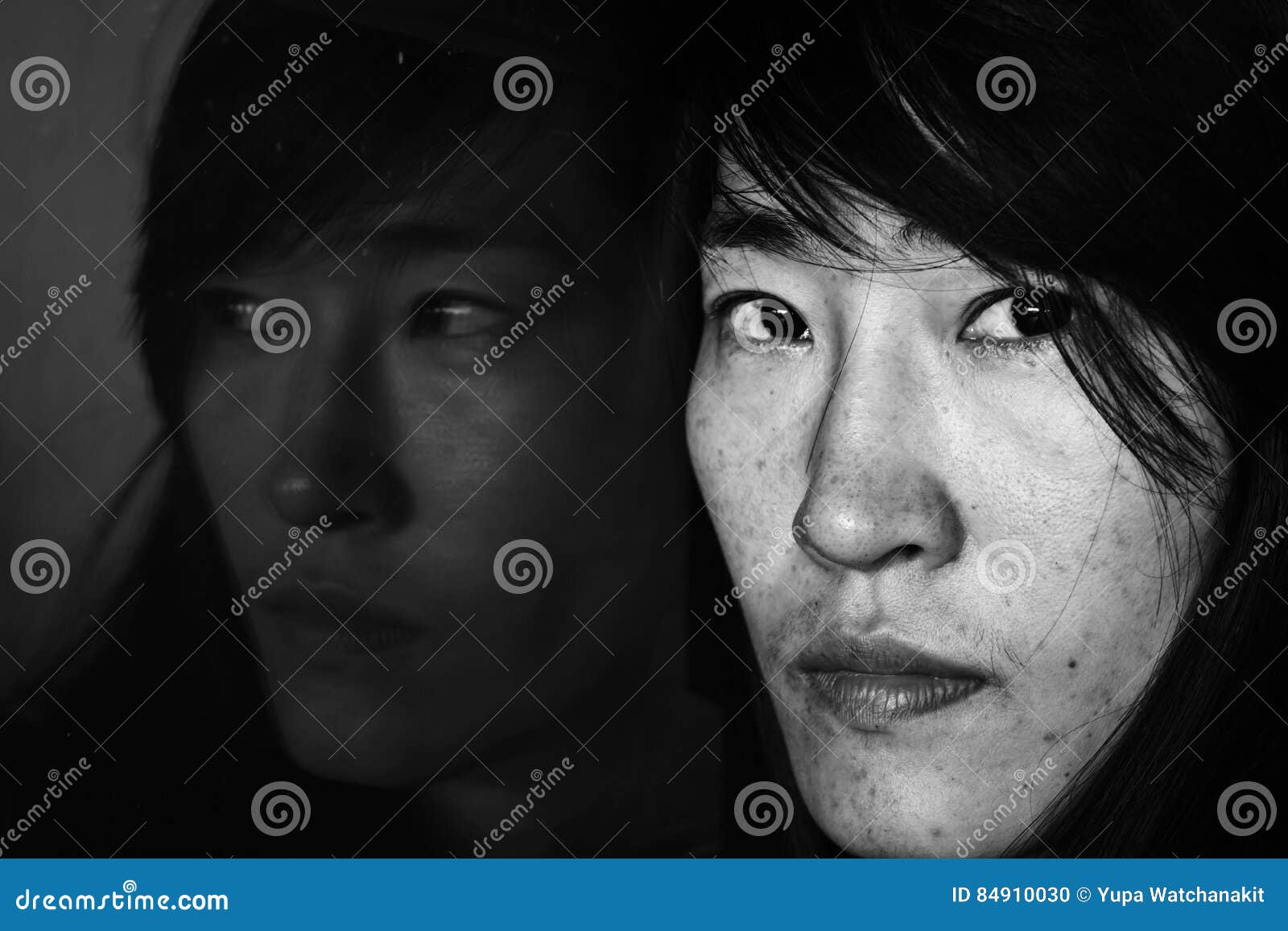 Scary Woman Looking on Camera with Reflection on Mirror Stock Photo ...