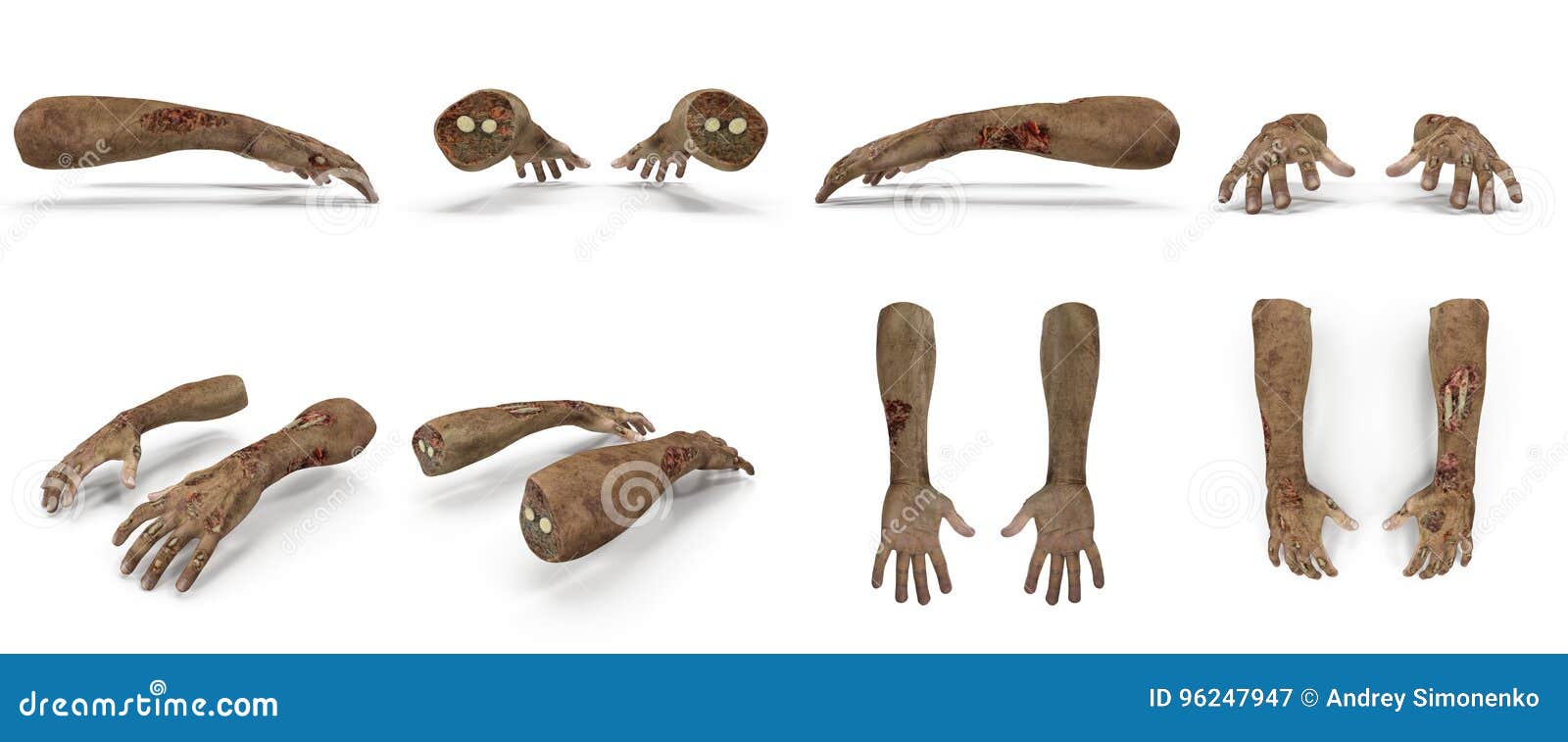 Scary Zombie Hands Renders Set from Different Angles on a White. 3D ...