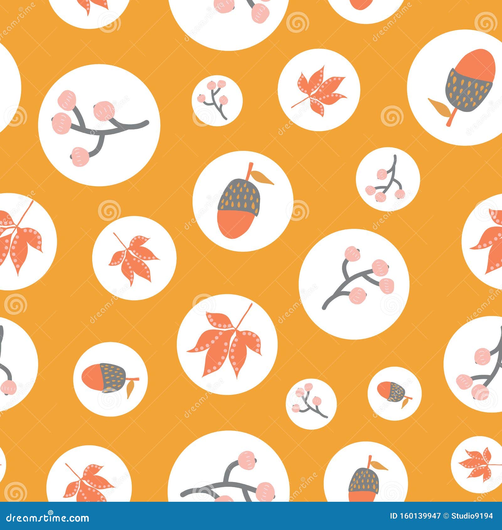 Scattered Autumn Elements in Polka Dots Seamless Vector Background ...