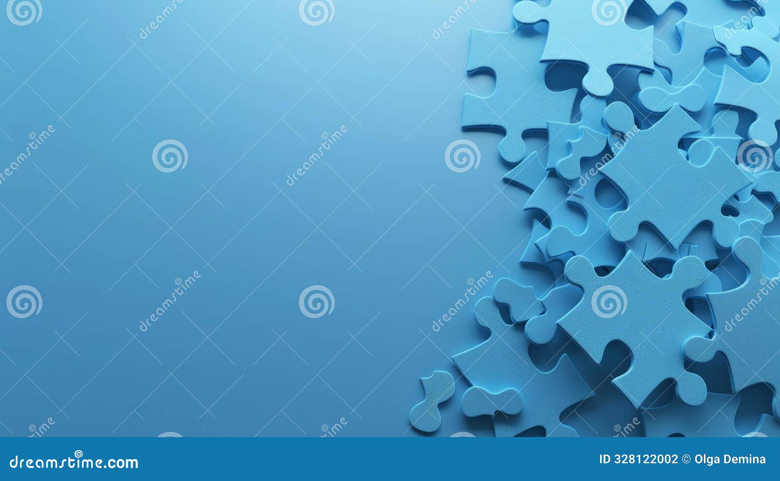 Scattered Blue Puzzle Pieces on a Solid Blue Background. Represents the ...