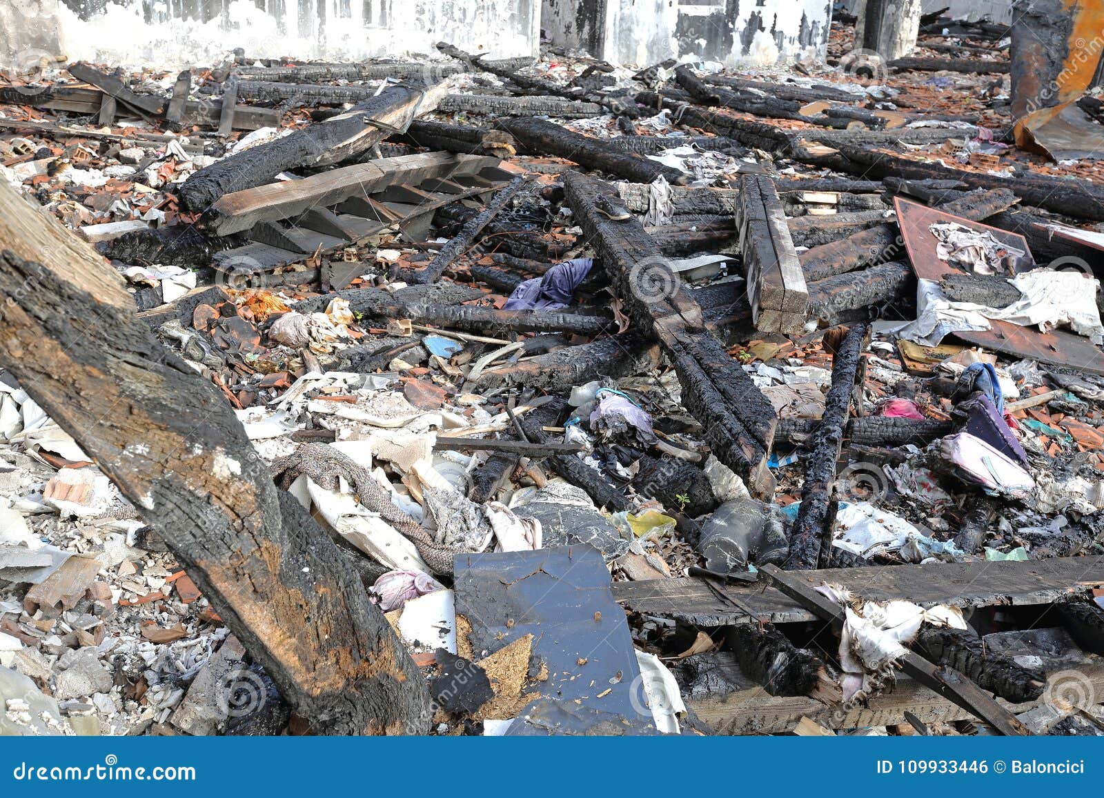 Fire Debris And Fire Fighter`s Tape Marking A Former Building Stock ...