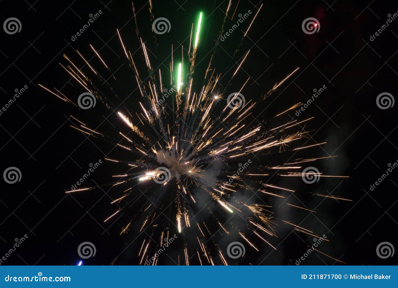 Scattered Exploding Firework at Night Stock Photo - Image of greens ...