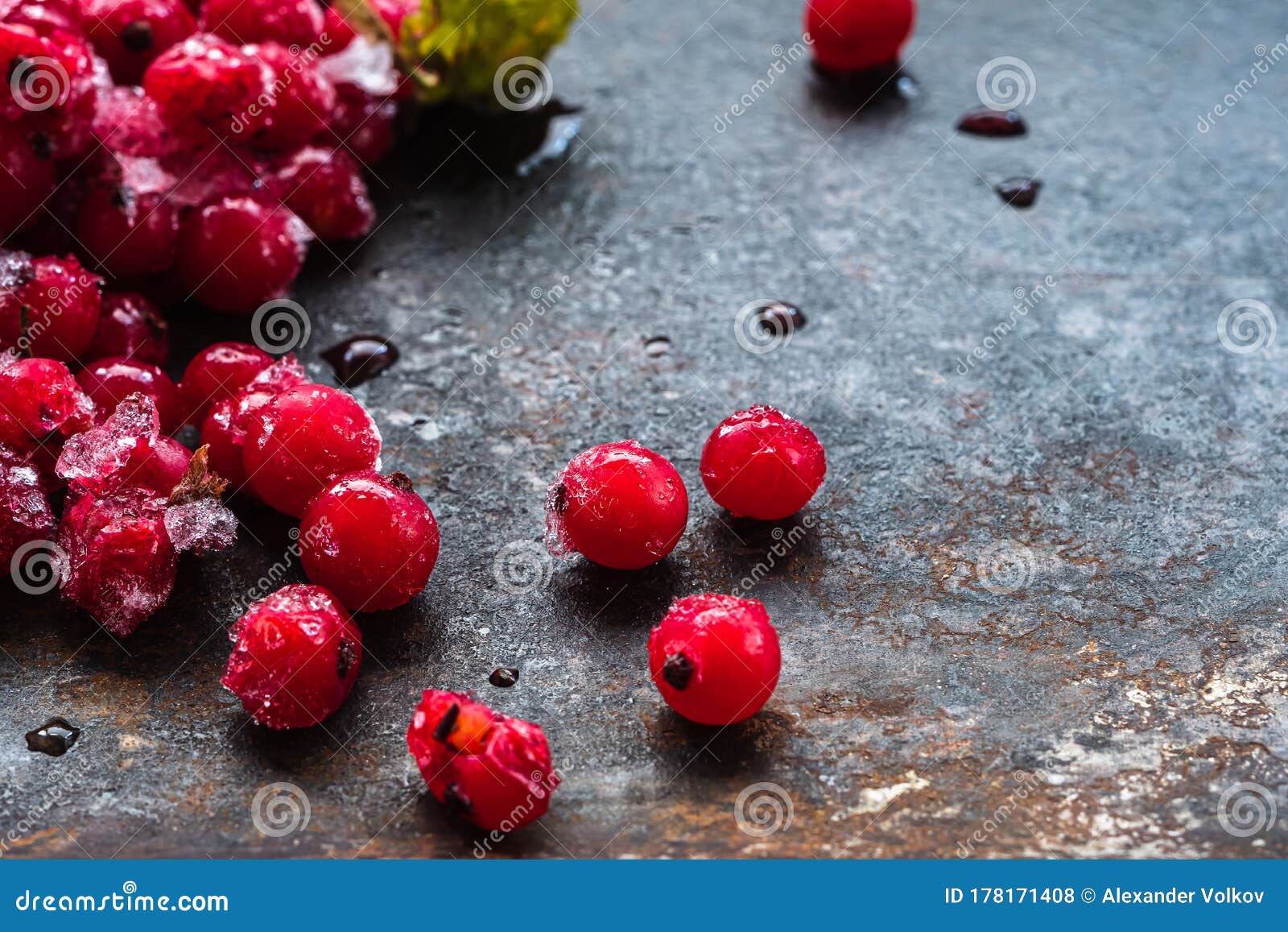 Scattered Frozen Red Currants Closeup Lie on a Rusty Surface. Copy ...