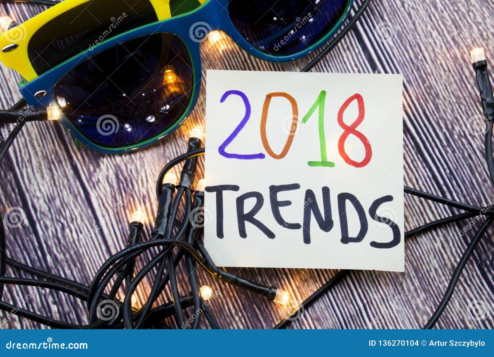 Scattered Lighted Tiny LED Stringlight on Wooden Surface. Two Colorful ...