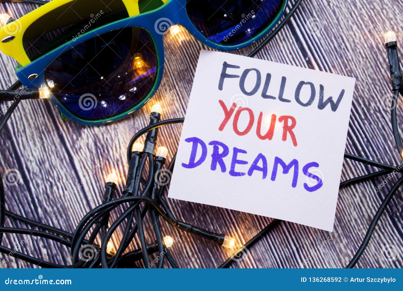 Scattered Lighted Tiny LED Stringlight on Wooden Surface. Two Colorful ...