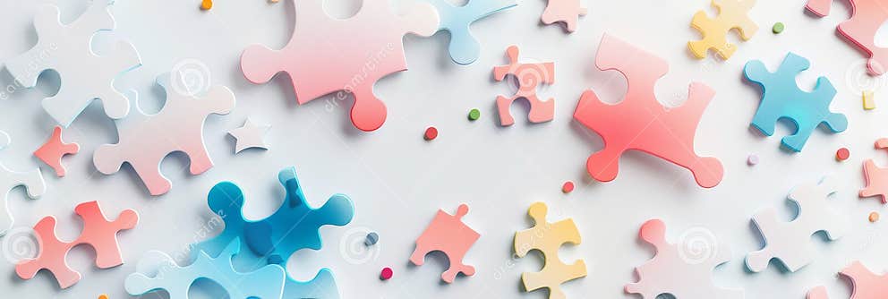 Scattered Pastel-colored Puzzle Pieces on a White Background. Concept ...