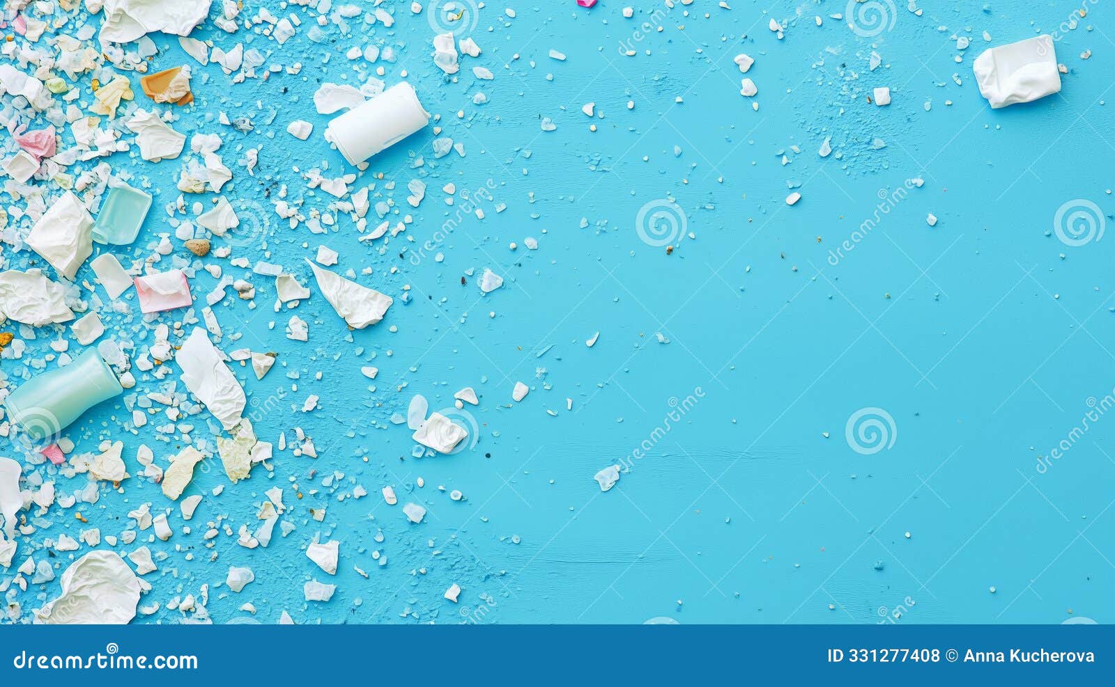 Scattered Pieces of Broken Plastic Debris on a Light Blue Background ...